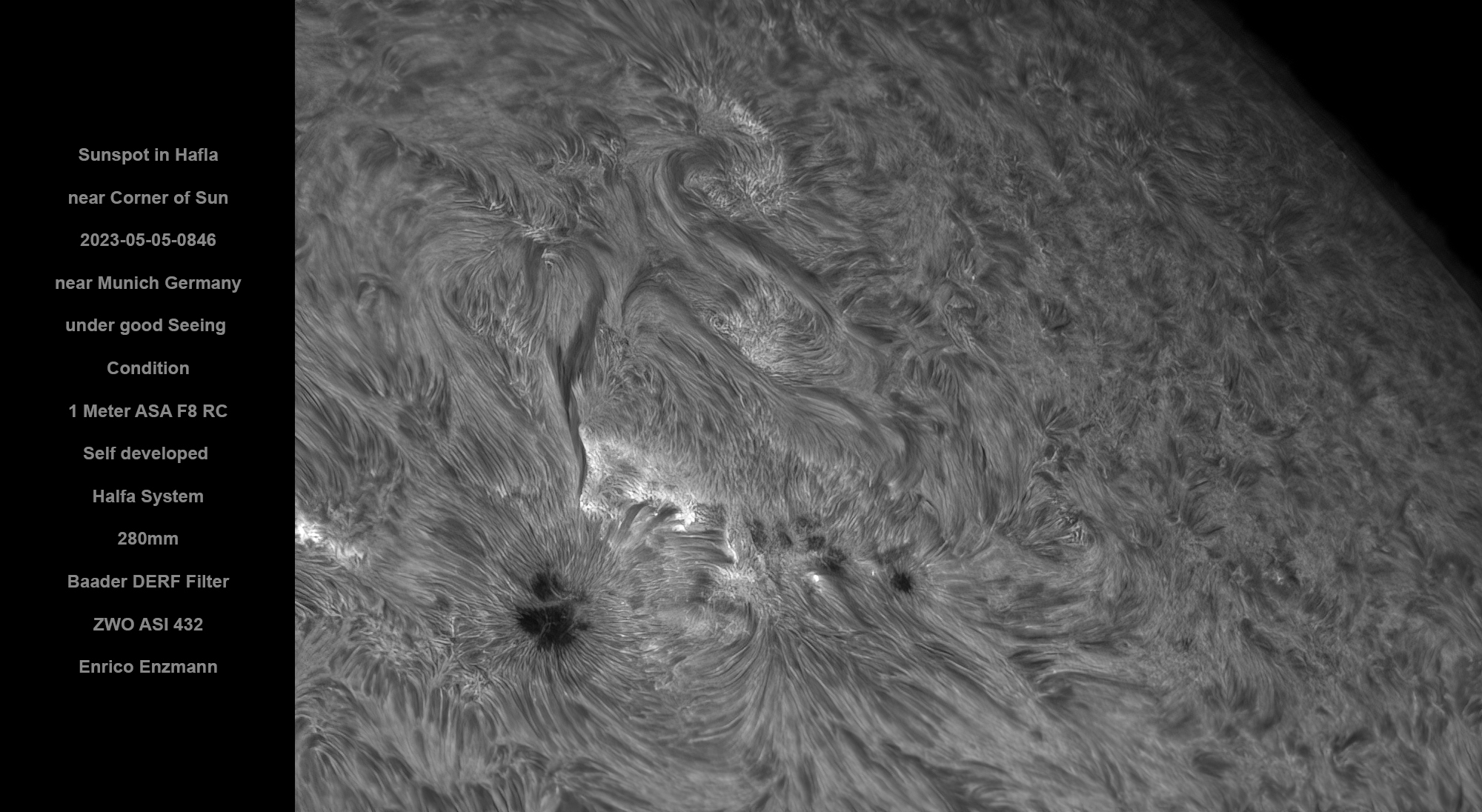 Hochaufgelöster Sonnenfleck in H-Alpha 5. Mai 2023 - Spektrum der ...